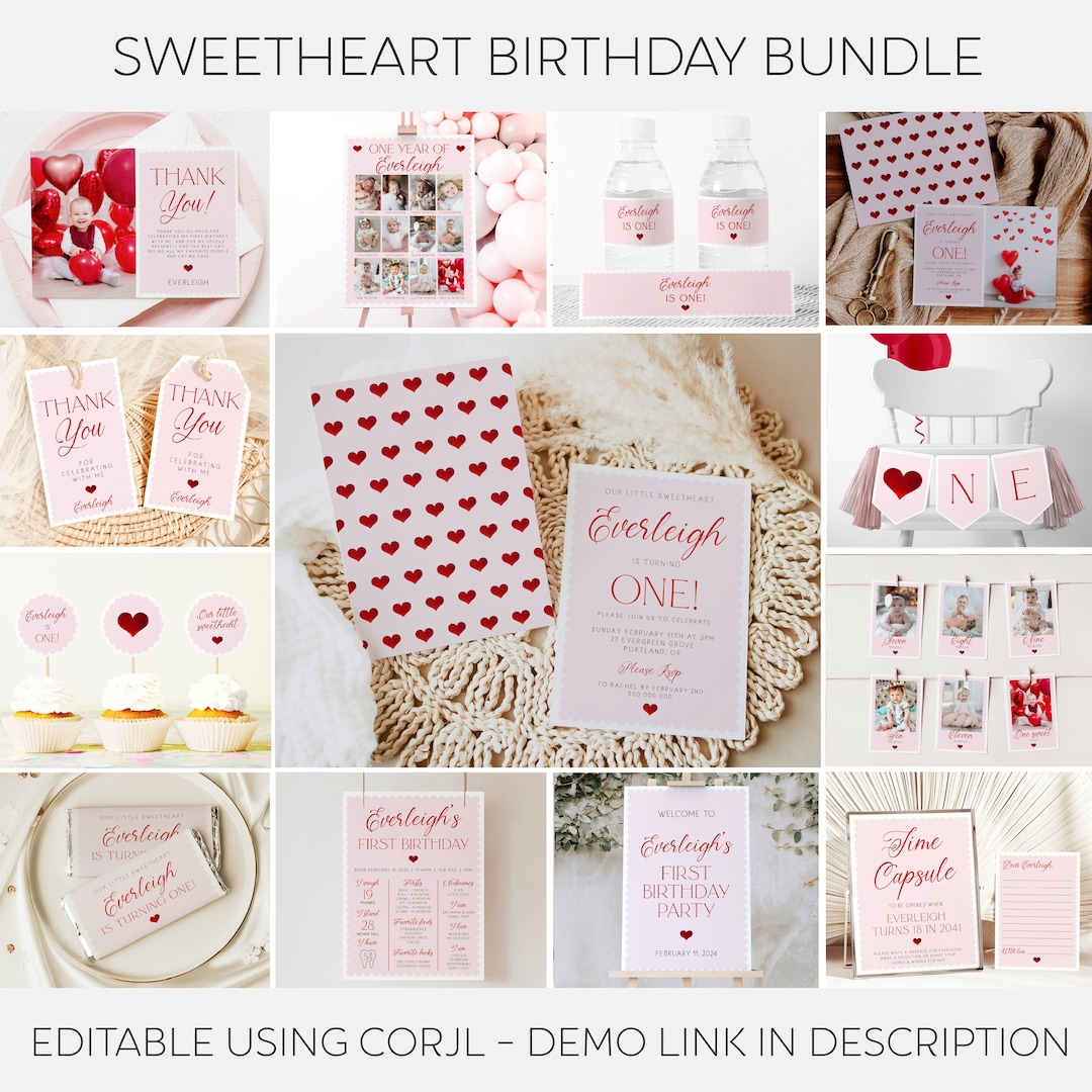 Little Sweetheart Birthday Template Bundle, Printable Valentine 1st ...