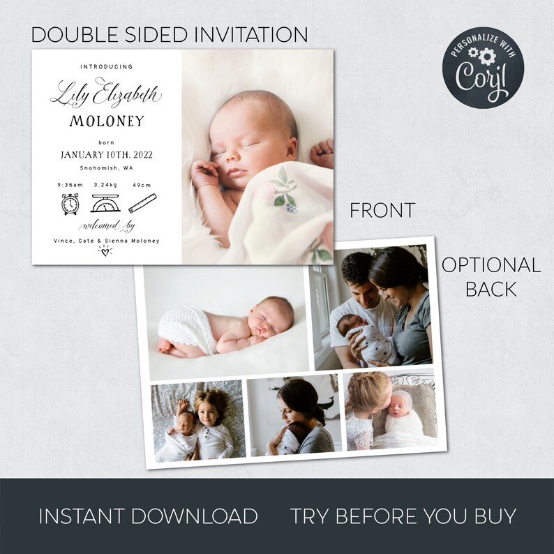 Editable Photo Birth Announcement Template, Printable Birth Stats Card ...