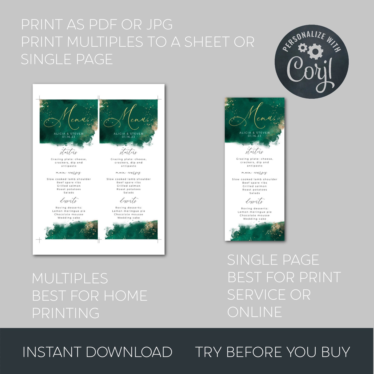 Emerald Watercolor Menu Template, Printable Hunter Green & Gold Wedding ...