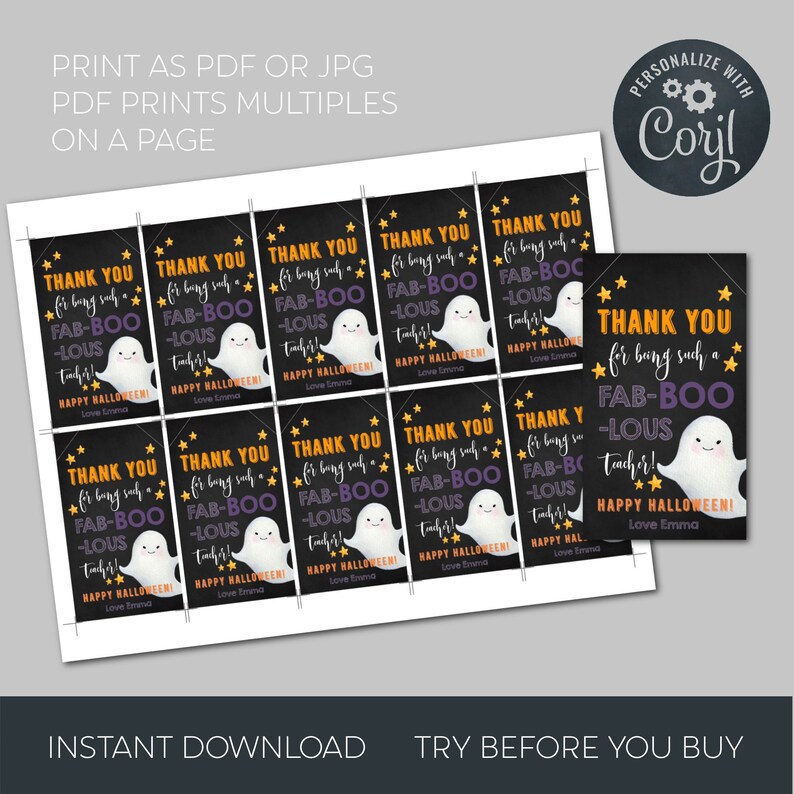 Halloween Teacher Gift Tag Template Printable Fab-boo-lous | Etsy