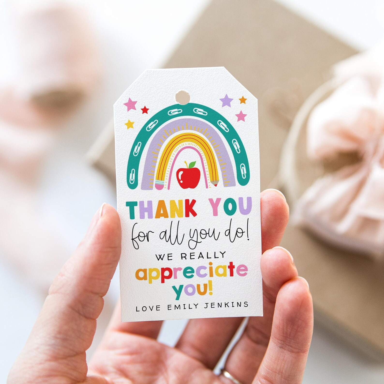 Teacher Appreciation Gift Tag Template, Printable Rainbow Apple Pencil ...