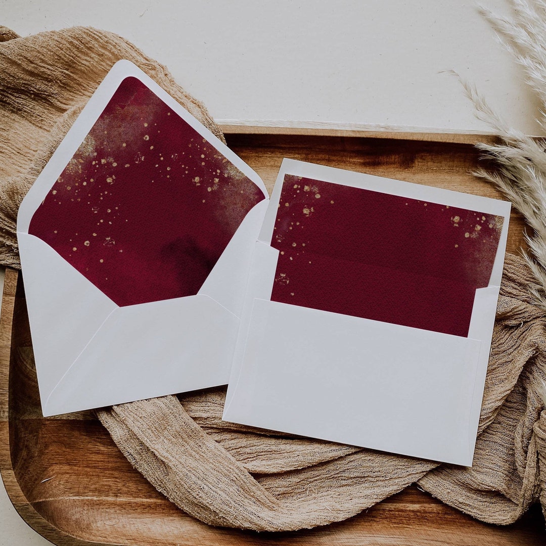 Burgundy Watercolor Envelope Liner Template, Printable Maroon & Gold ...