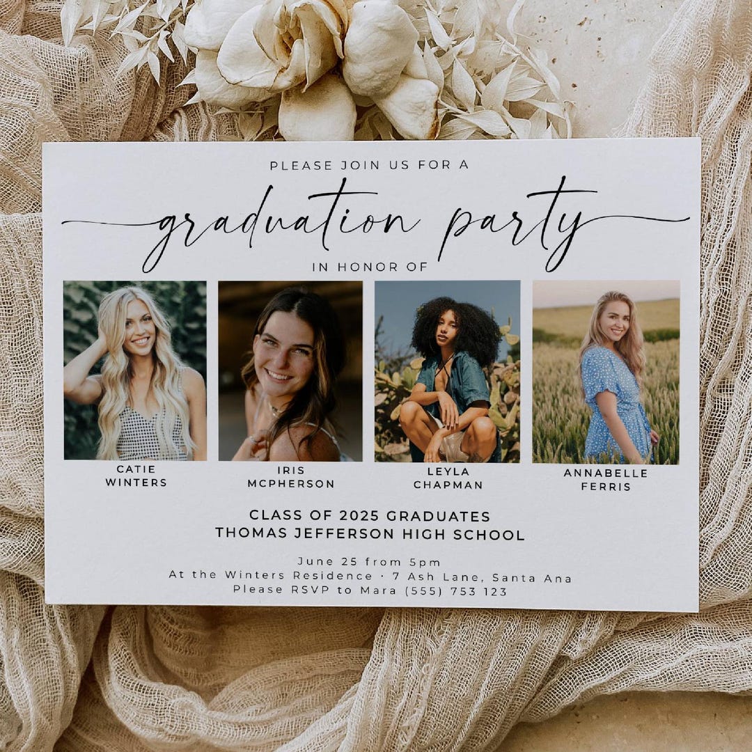 Four Person Graduation Invitation Template, Printable Joint Photo ...