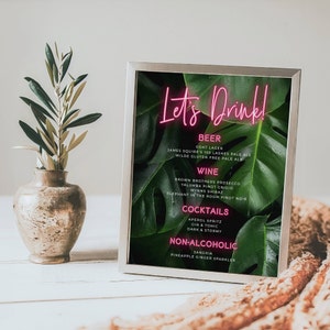 Neon Tropical Bar Menu Template, Printable Beach Destination Wedding ...
