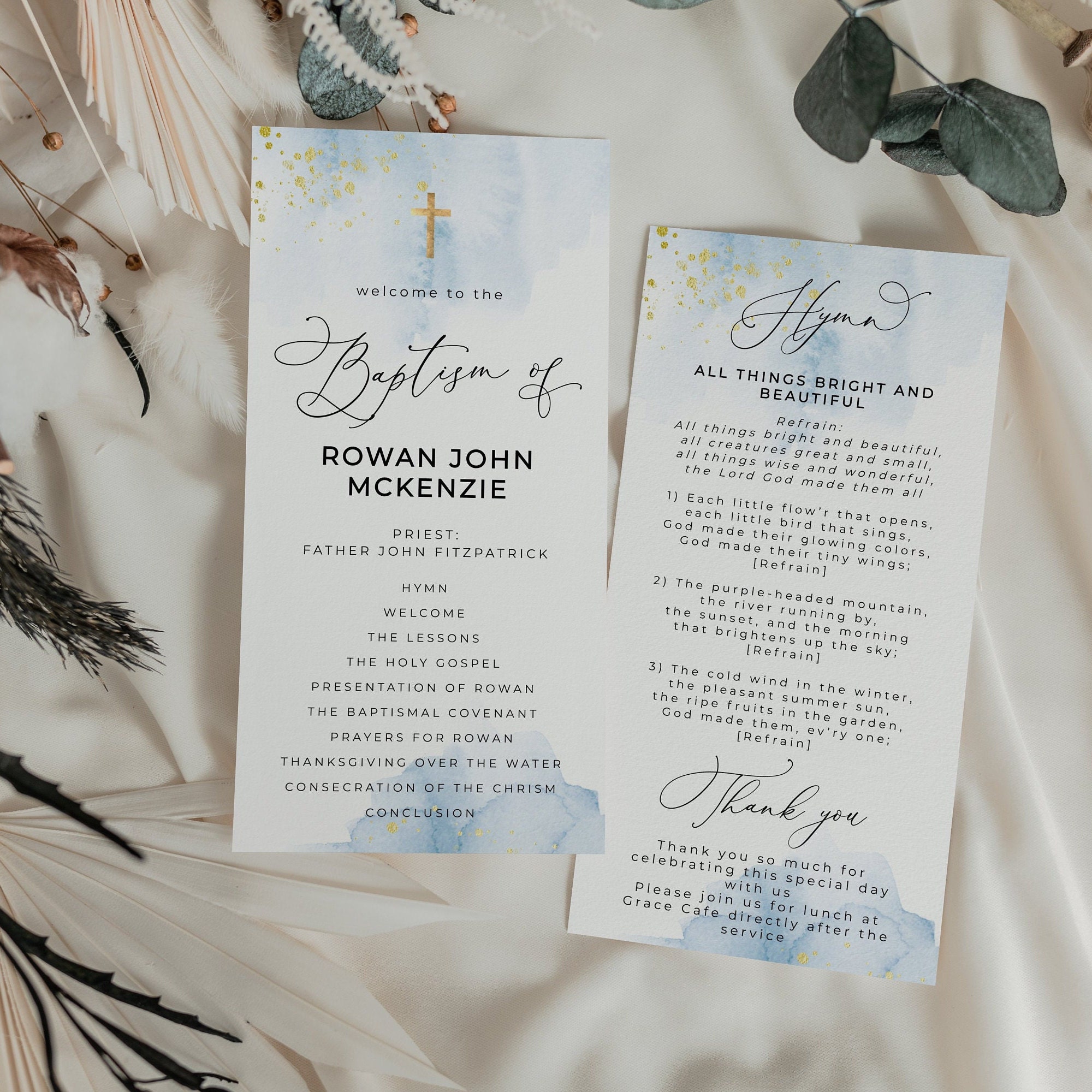 Baby Blue Baptism Program Template, Printable Watercolor Christening ...