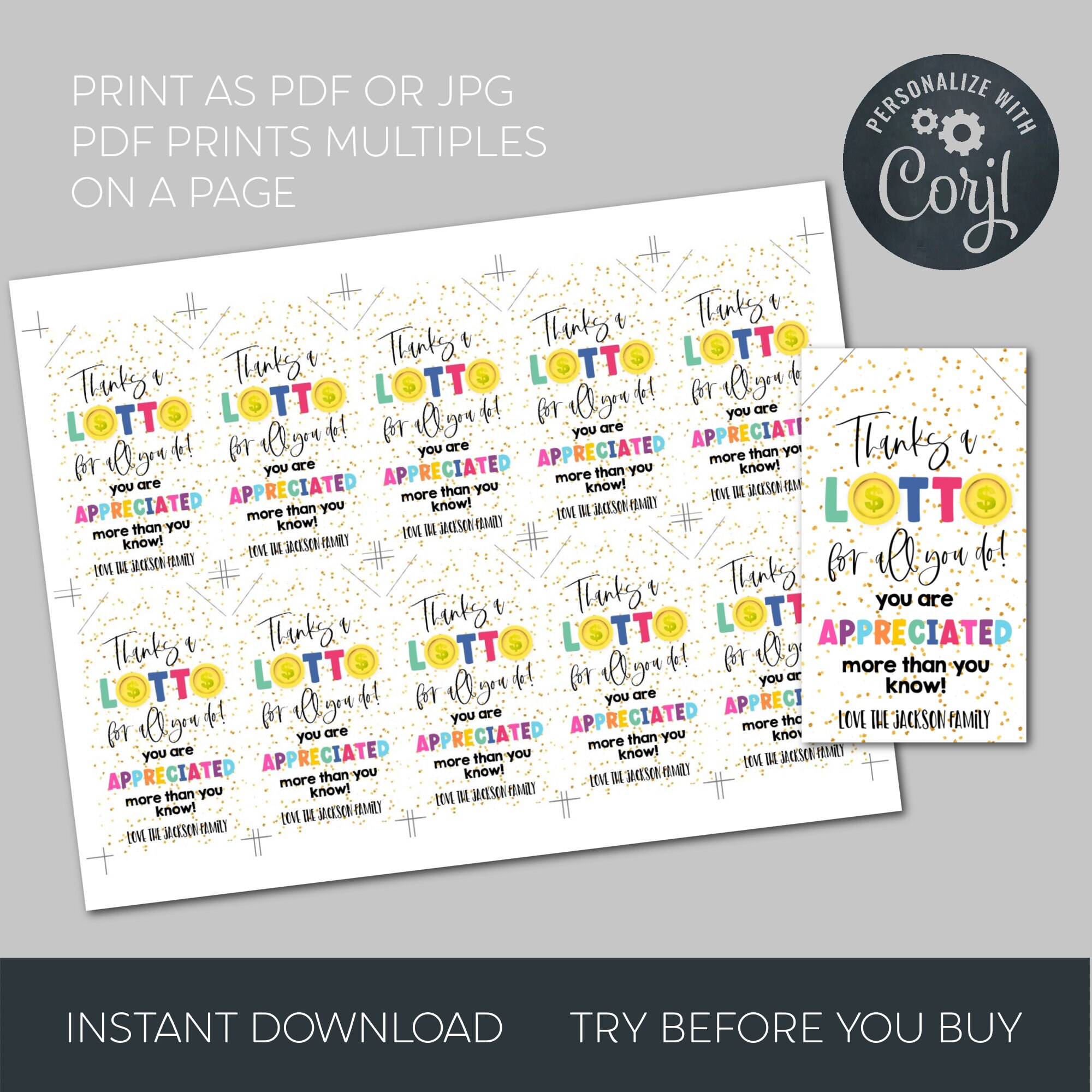 Thanks A Lotto Appreciation Gift Tag Template, Printable Teacher Thank ...