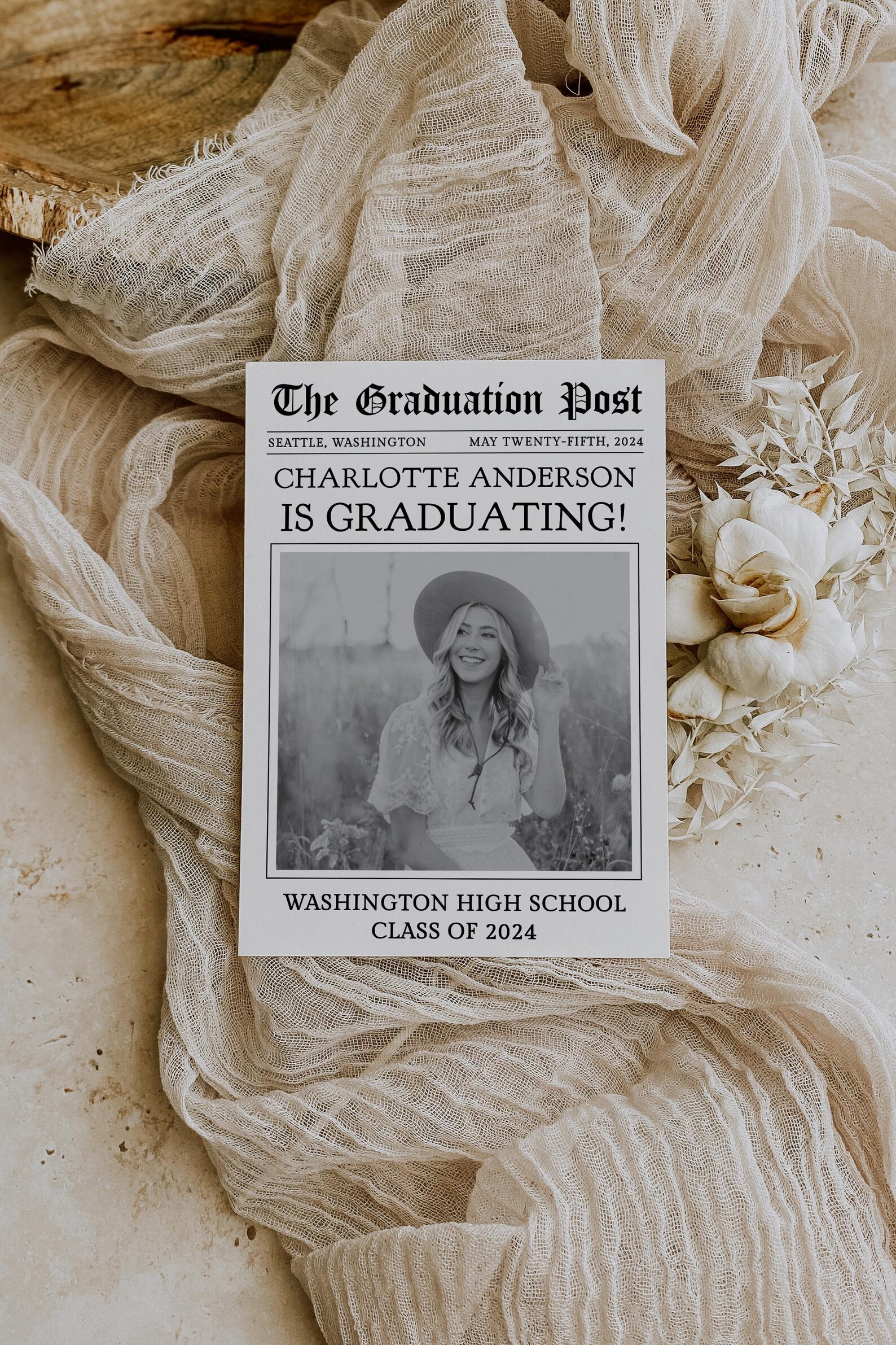 Newspaper Graduation Party Invitation Template, Printable Modern Photo ...