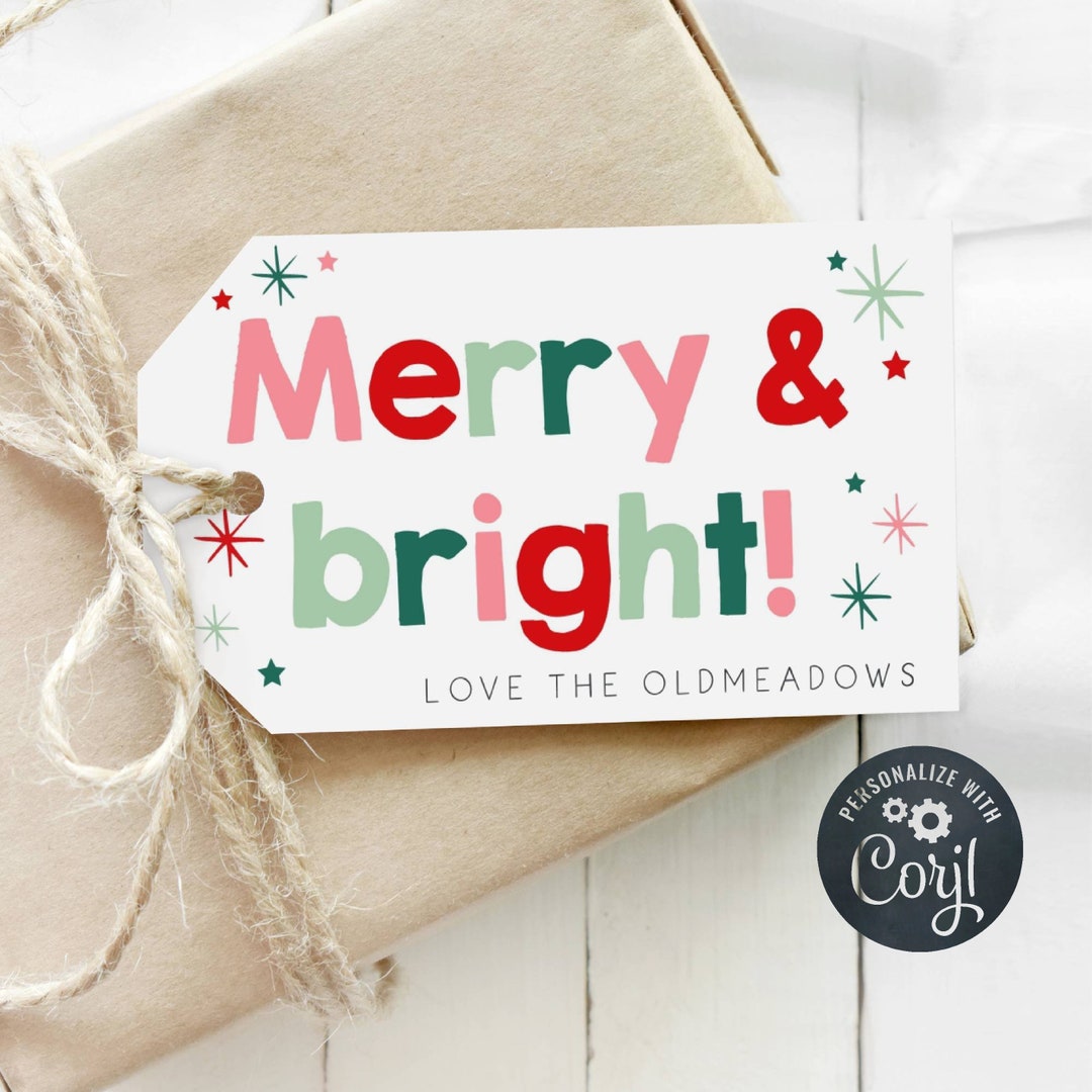 Merry & Bright Christmas Gift Tag Template, Printable Colorful Holiday ...