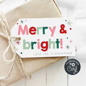 Merry & Bright Christmas Gift Tag Template, Printable Colorful Holiday ...