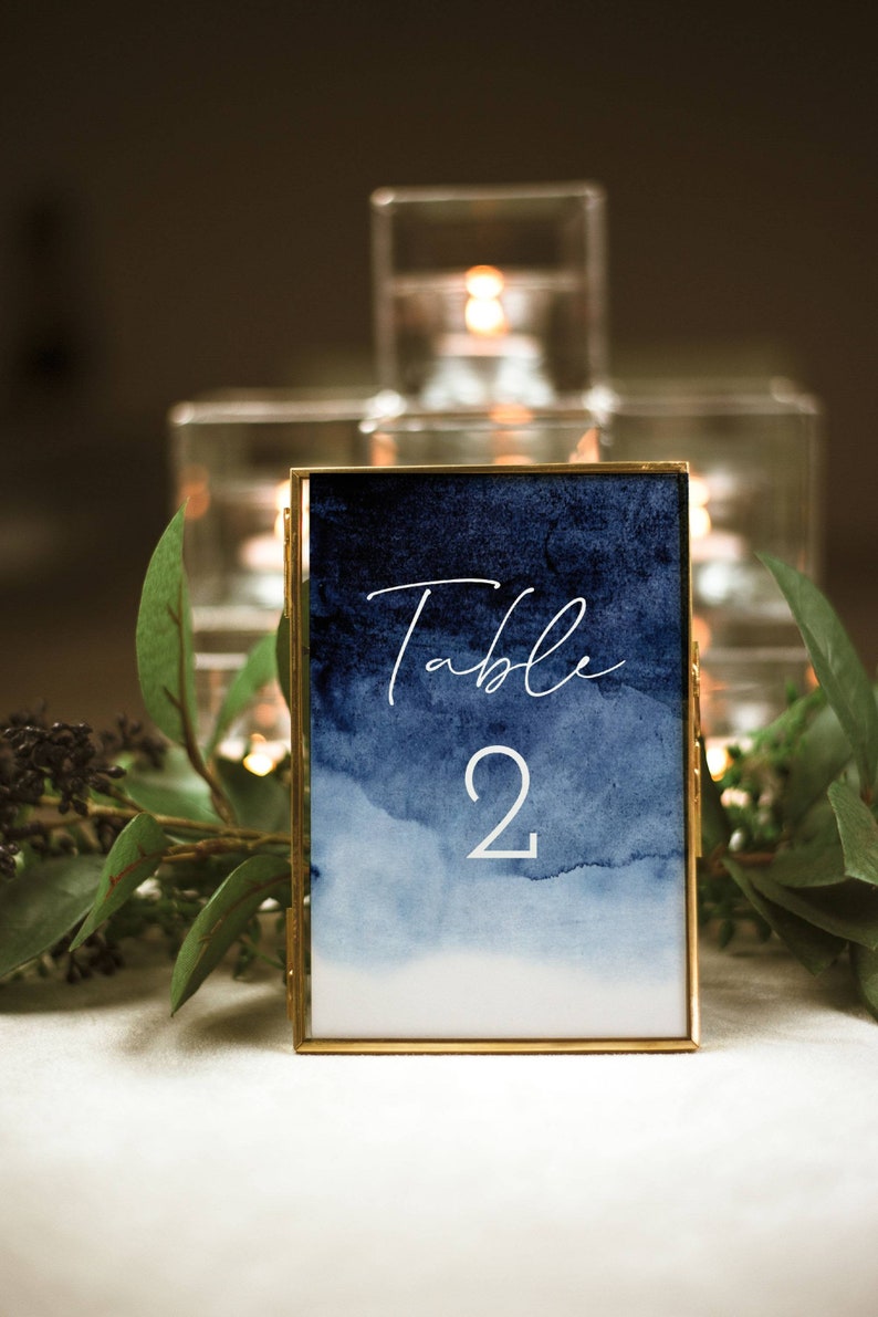 Navy Watercolor Table Number Template, Printable Dark Blue Wedding ...