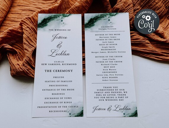 Emerald Green Watercolor Wedding Program Template Printable | Etsy