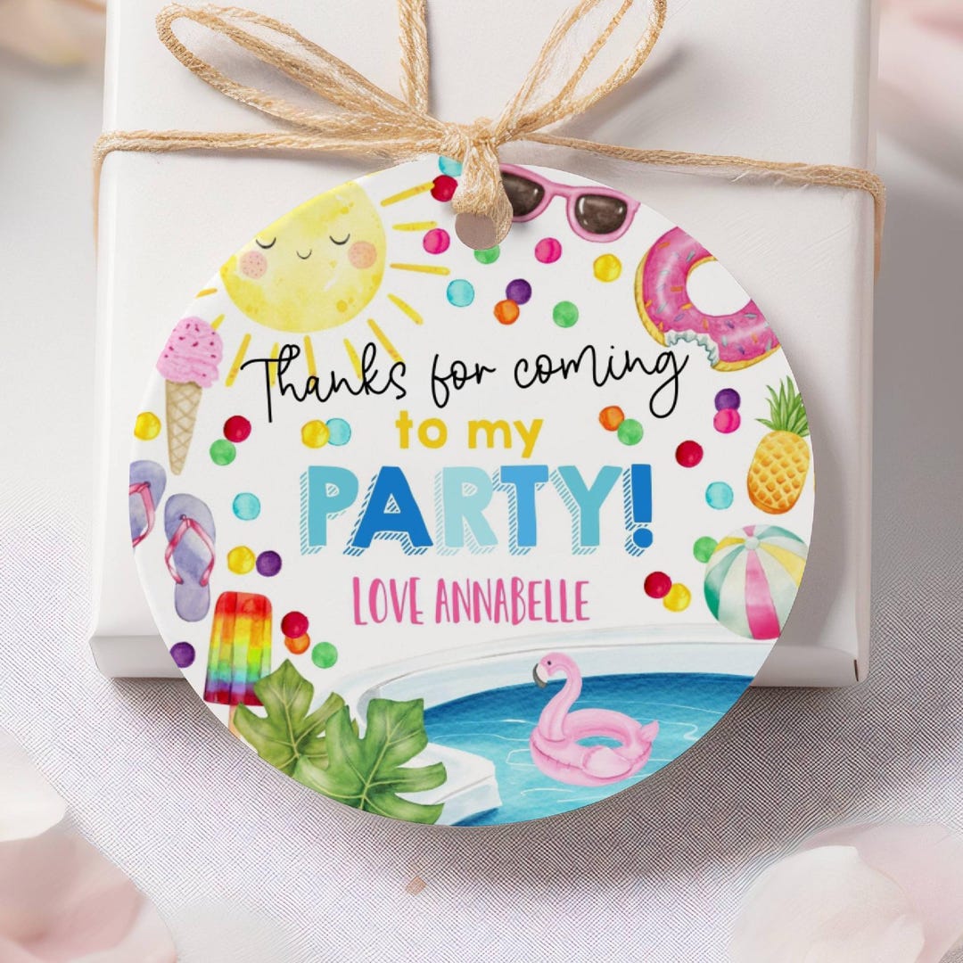 Round Pool Party Favor Tag Template, Printable Summer Birthday Thank ...