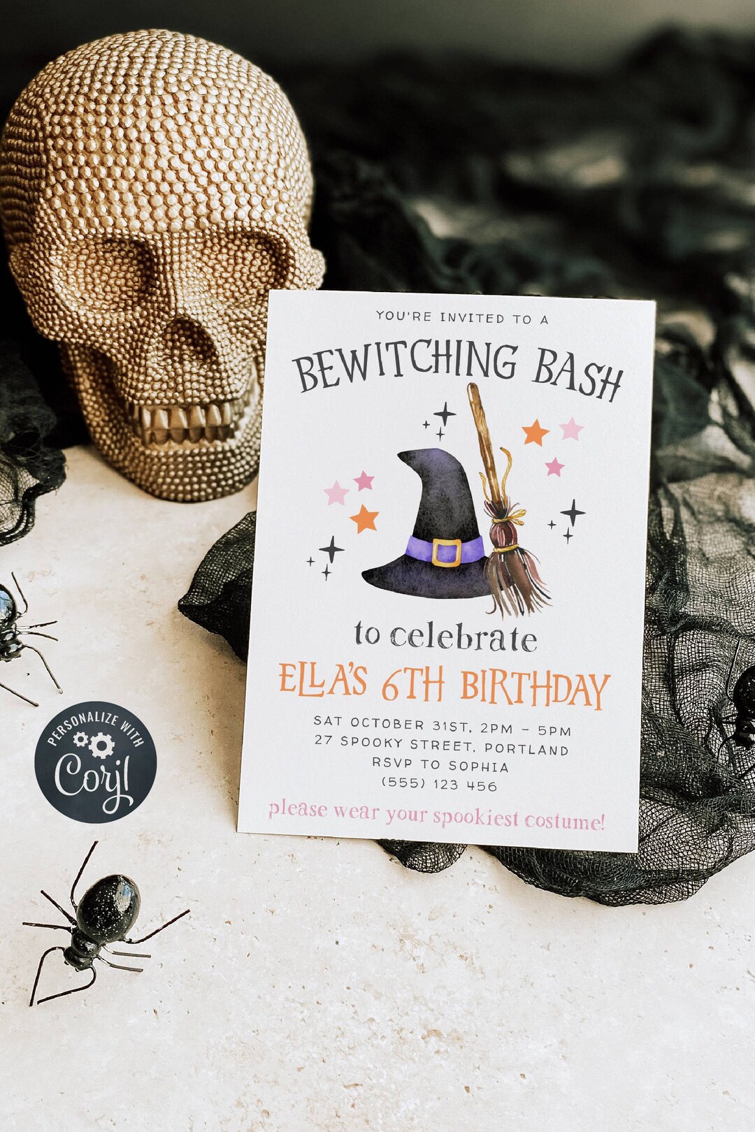 Bewitching Bash Halloween Birthday Invitation Template, Printable Witch Invite, Editable Spooky ...