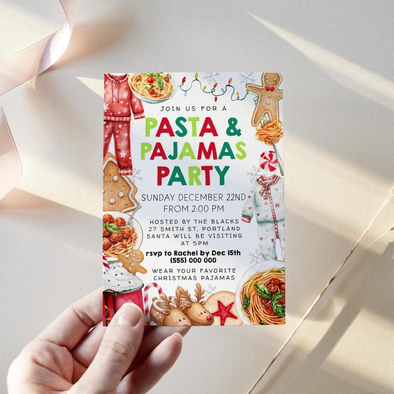 Pasta & Pajamas Christmas Invitation Template, Printable Holiday ...