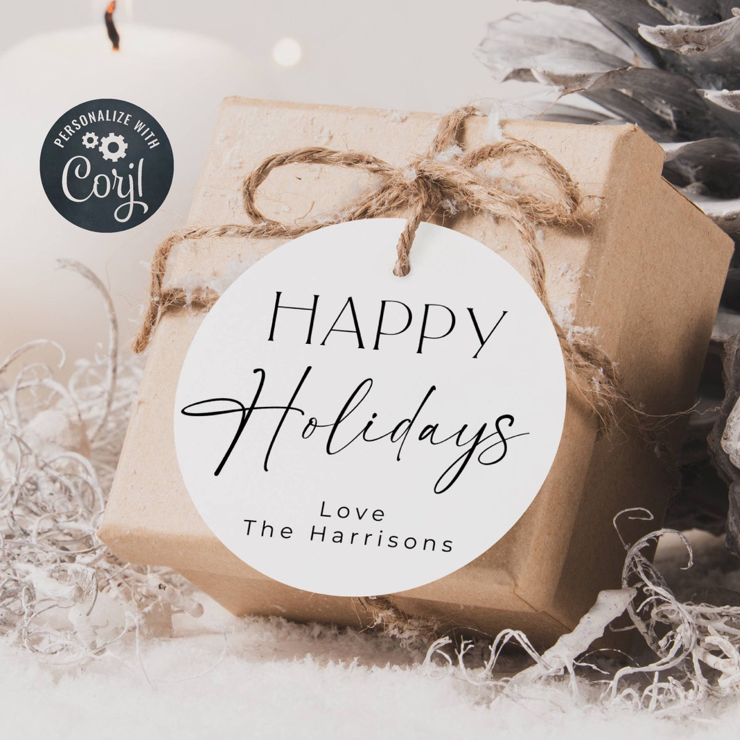 Round Happy Holidays Gift Tag Template, Printable Modern Christmas ...