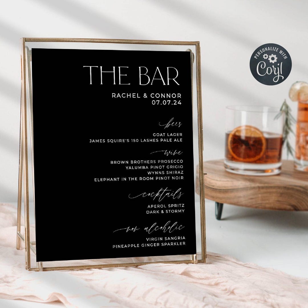 Classic Black Bar Menu Template, Printable Modern Elegant Wedding ...