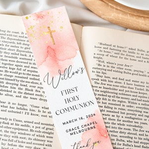 Blush Pink & Gold First Holy Communion Bookmark Template, Printable ...