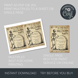Vintage Skeleton Tombstone Halloween Invitation Template, Editable ...