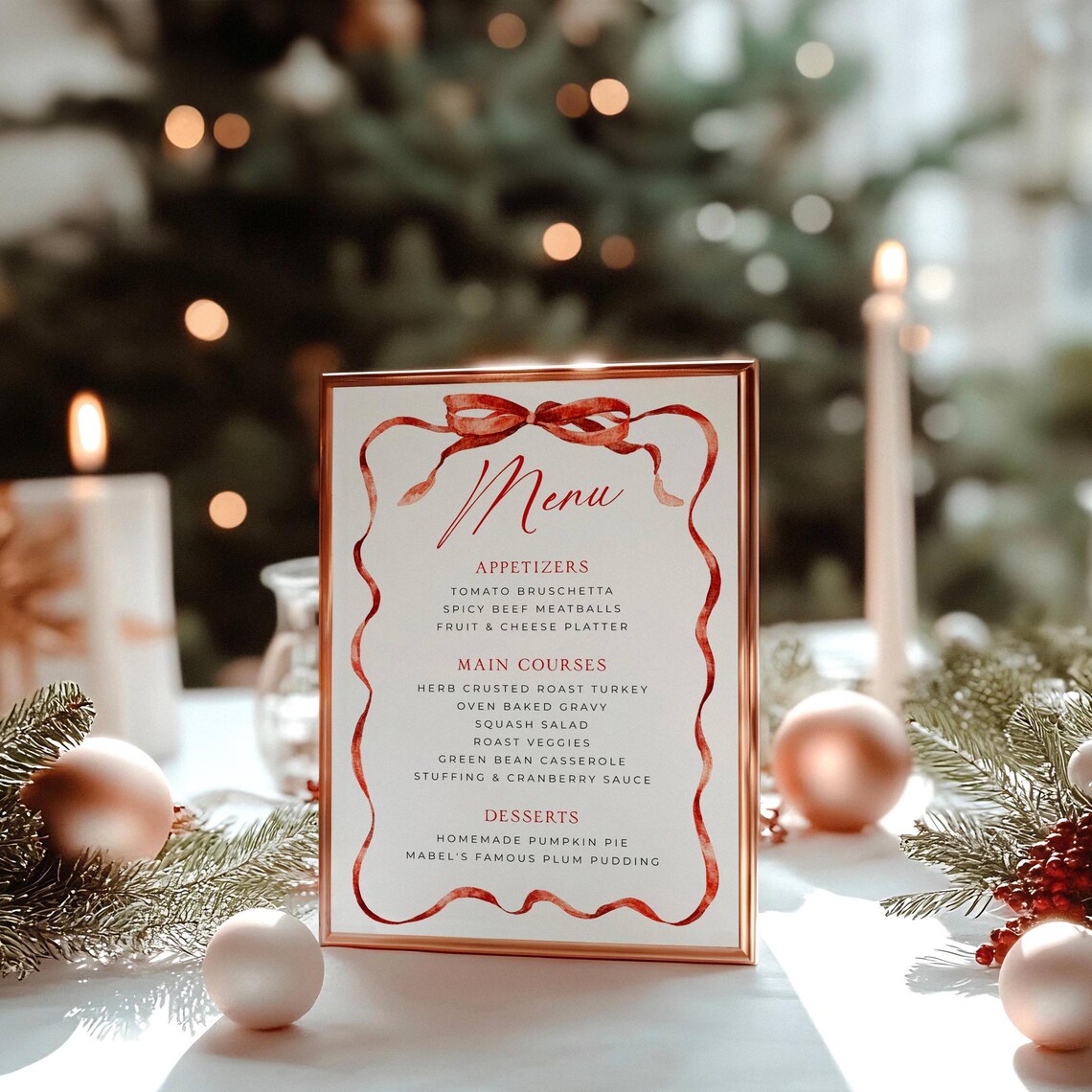 Red Ribbon Christmas Menu Template, Printable Red Bow Holiday Dinner ...