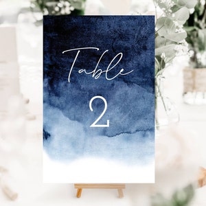 Navy Watercolor Table Number Template, Printable Dark Blue Wedding ...