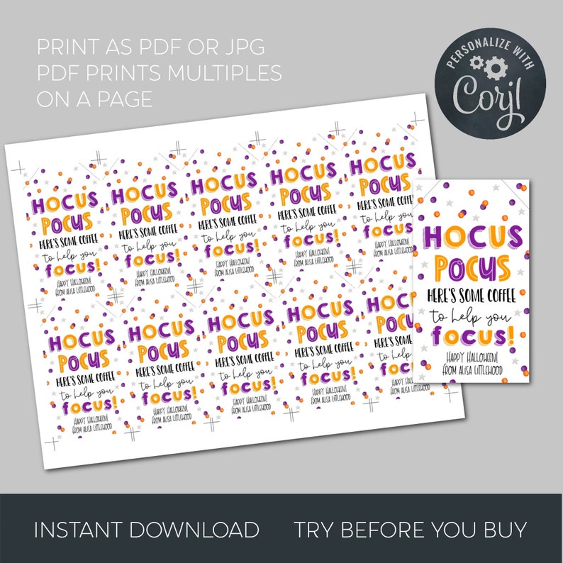 Halloween Coffee Gift Tag Template, Printable Hocus Pocus Latte Focus ...