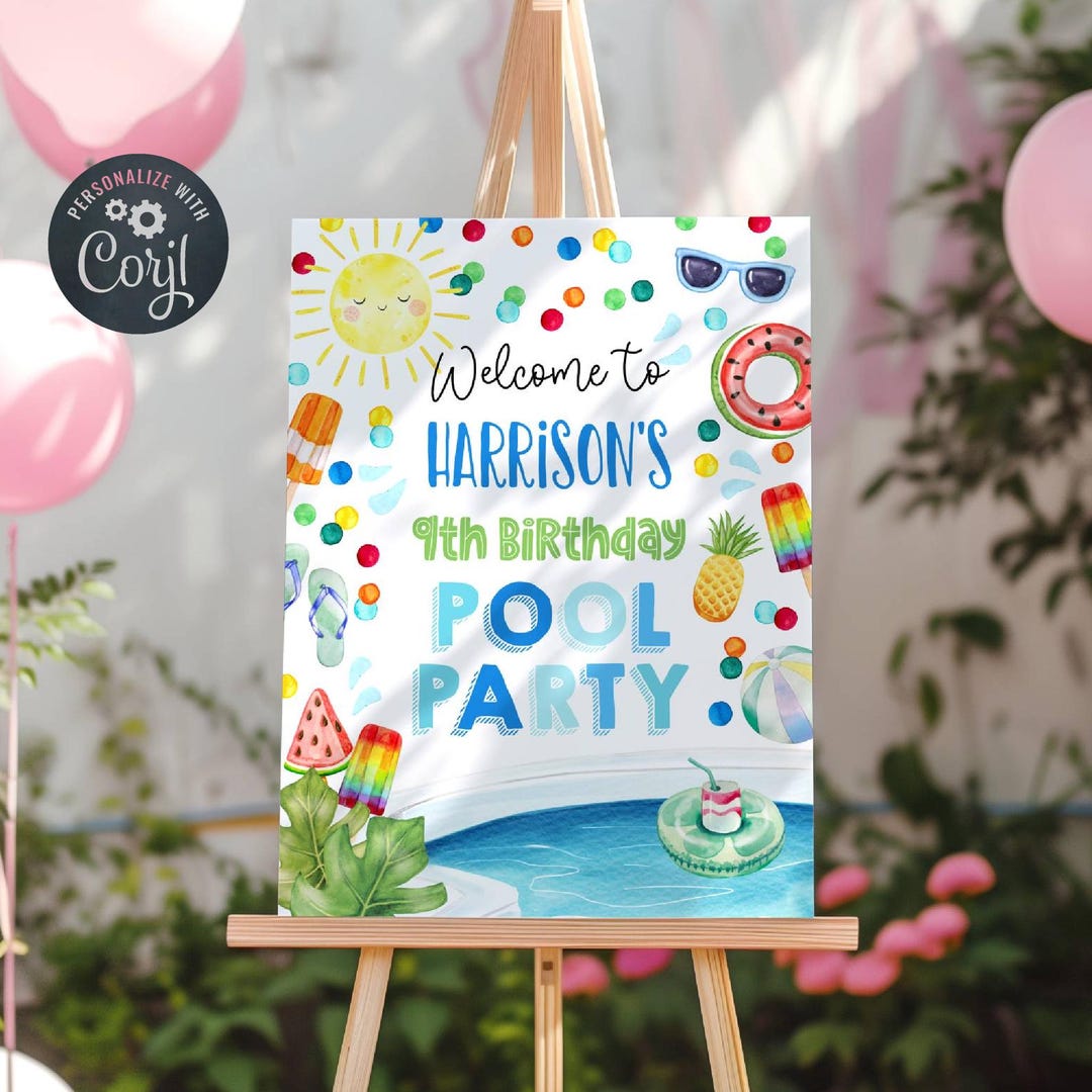 Editable Boys Pool Party Welcome Sign Template, Printable Summer ...