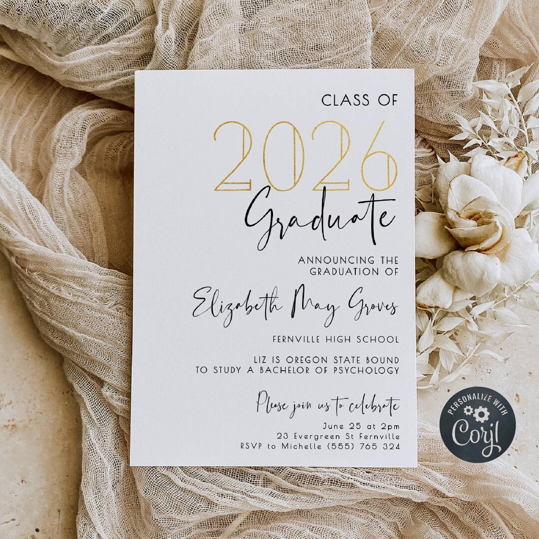 2026 Graduate Announcement Card, Printable Minimal Gold Graduation ...