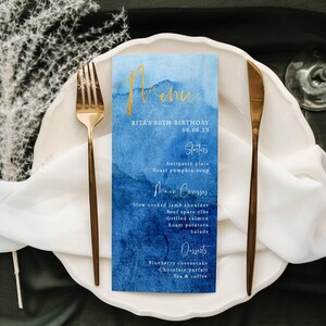 Elegant Blue & Gold Menu Template, Printable Birthday Menu Cards ...