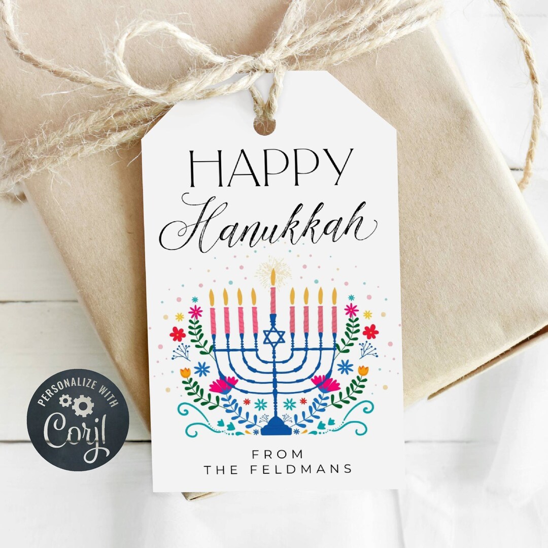 Happy Hanukkah Holiday Gift Tag Template, Printable Bright Menorah ...