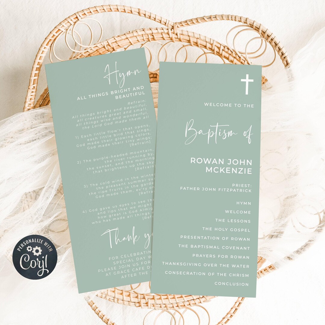Sage Green Baptism Program Template, Printable Modern Christening ...