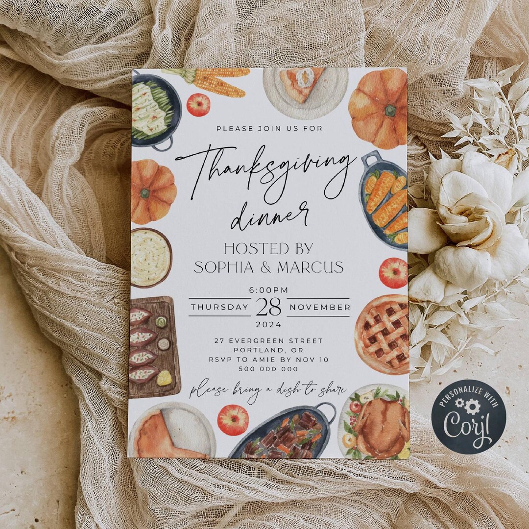 Thanksgiving Dinner Invitation Template, Printable Friendsgiving Food ...