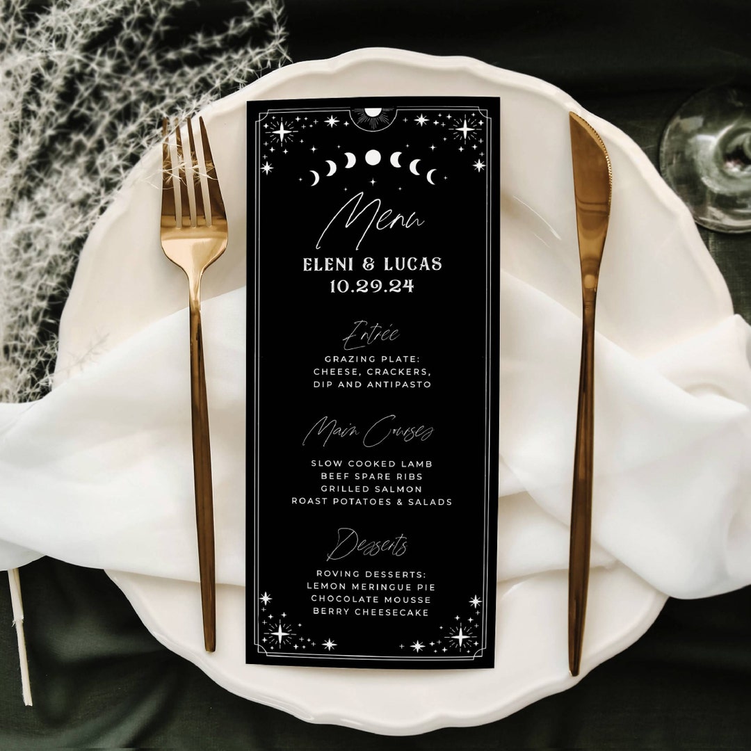Tarot Card Wedding Menu Template, Printable Gothic Halloween Moon Table ...