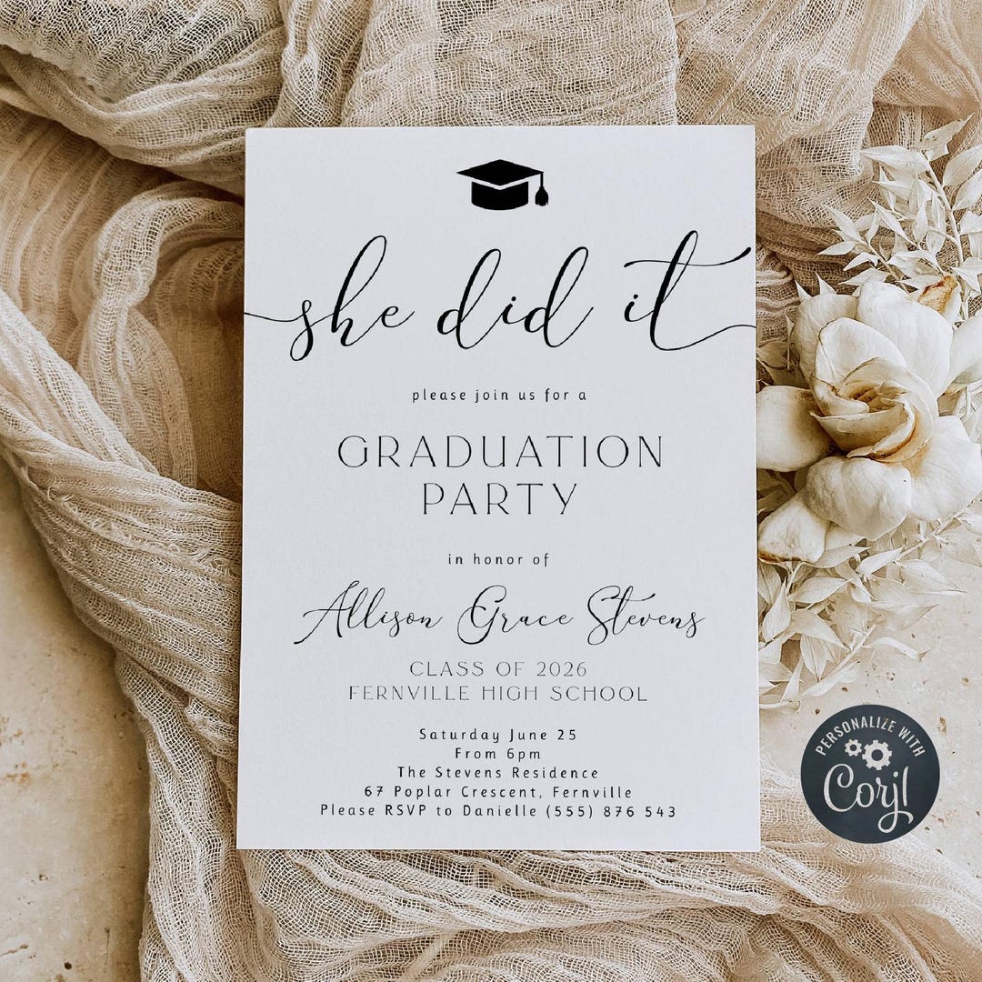 She Did It Graduation Party Invitation Template, Printable Minimalist ...