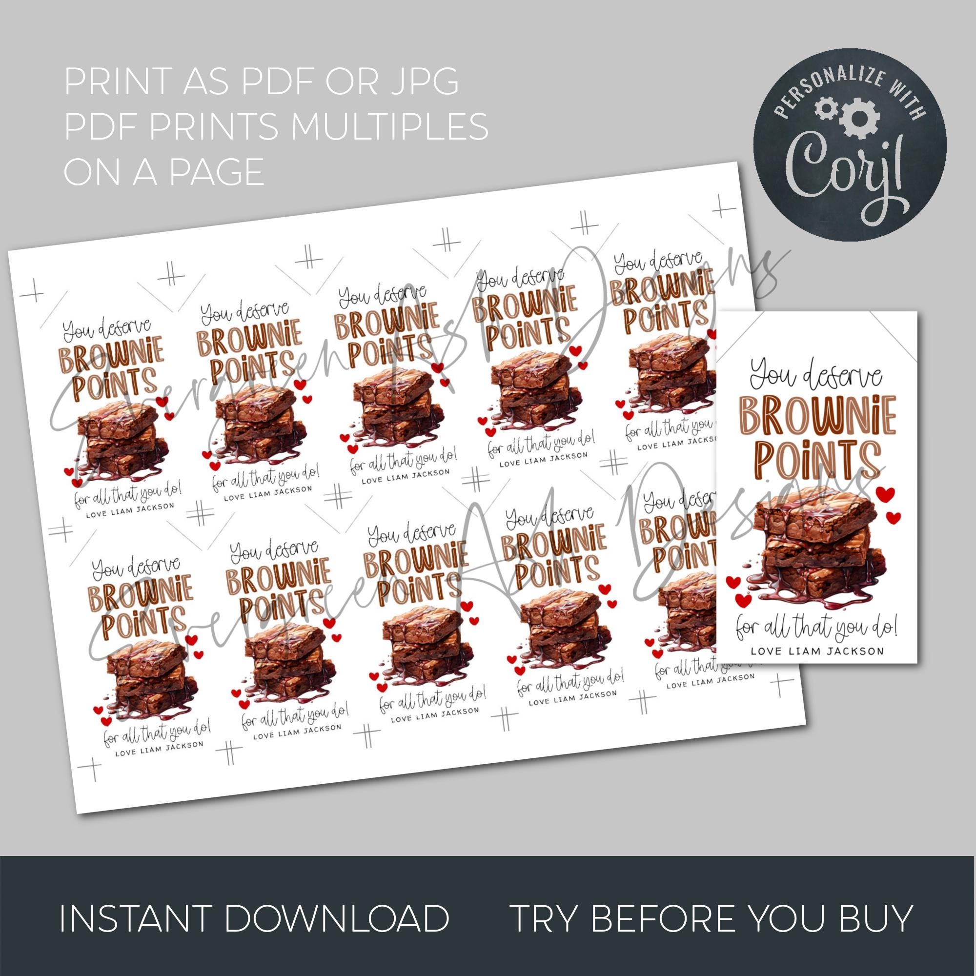 You Deserve Brownie Points Gift Tag Template, Printable Teacher ...