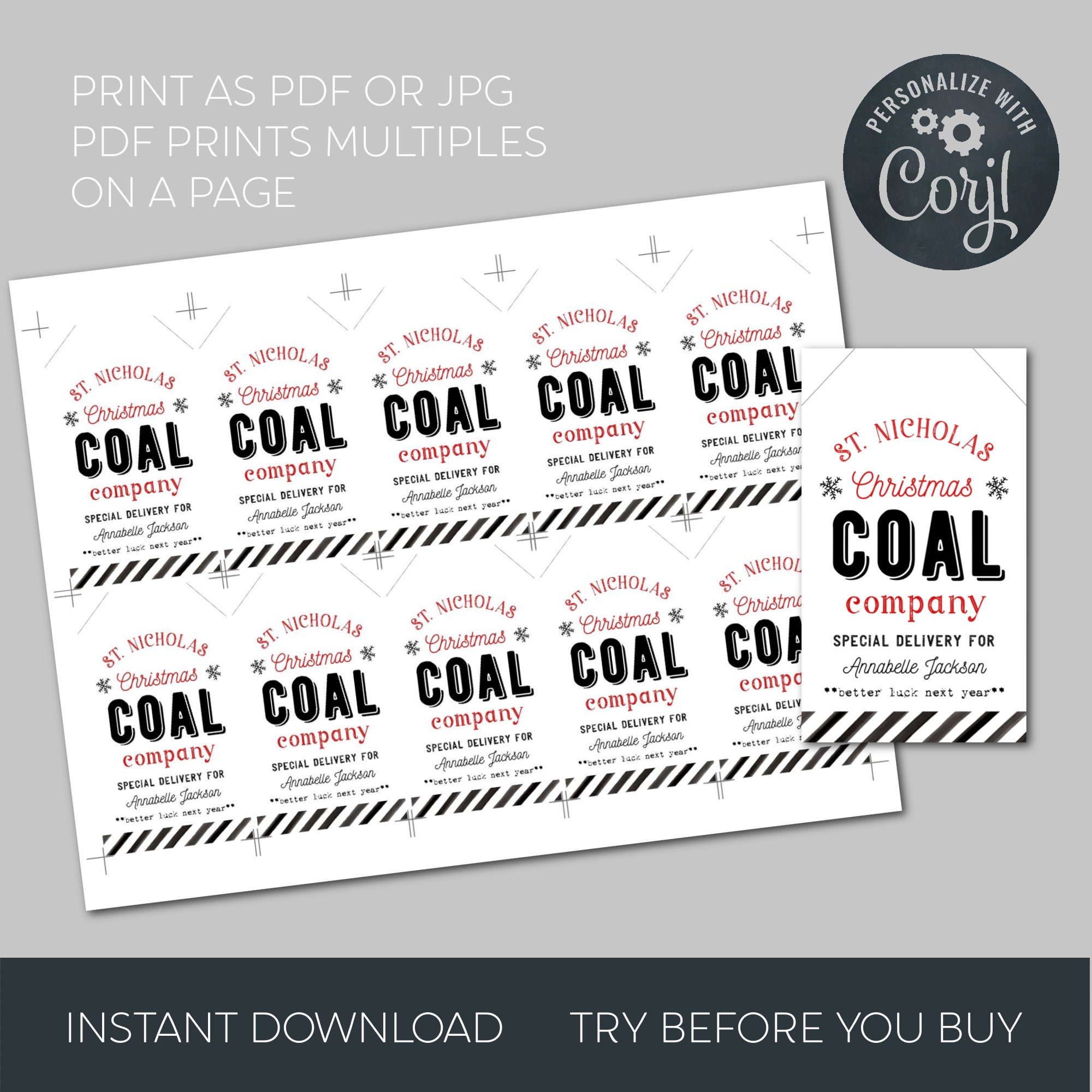 Editable Coal Christmas Gift Tag Template, Printable Christmas Coal ...