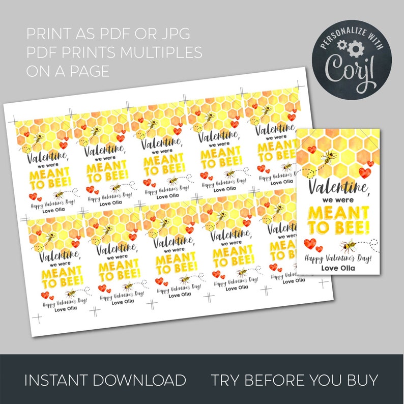 Bee Valentine's Day Gift Tag Template Meant to Bee - Etsy