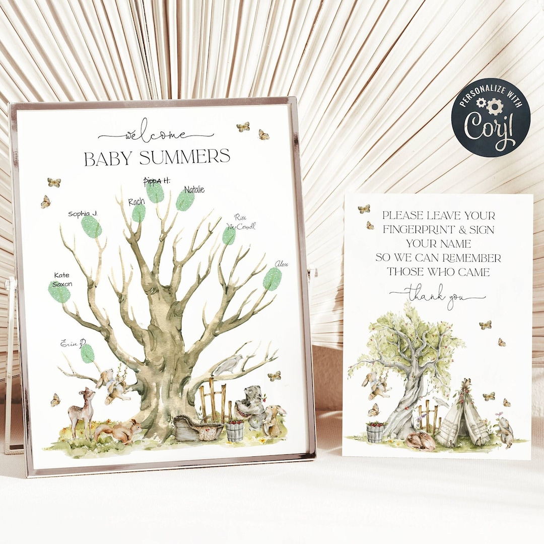 Woodland Baby Shower Fingerprint Tree Template, Printable Guest Book ...