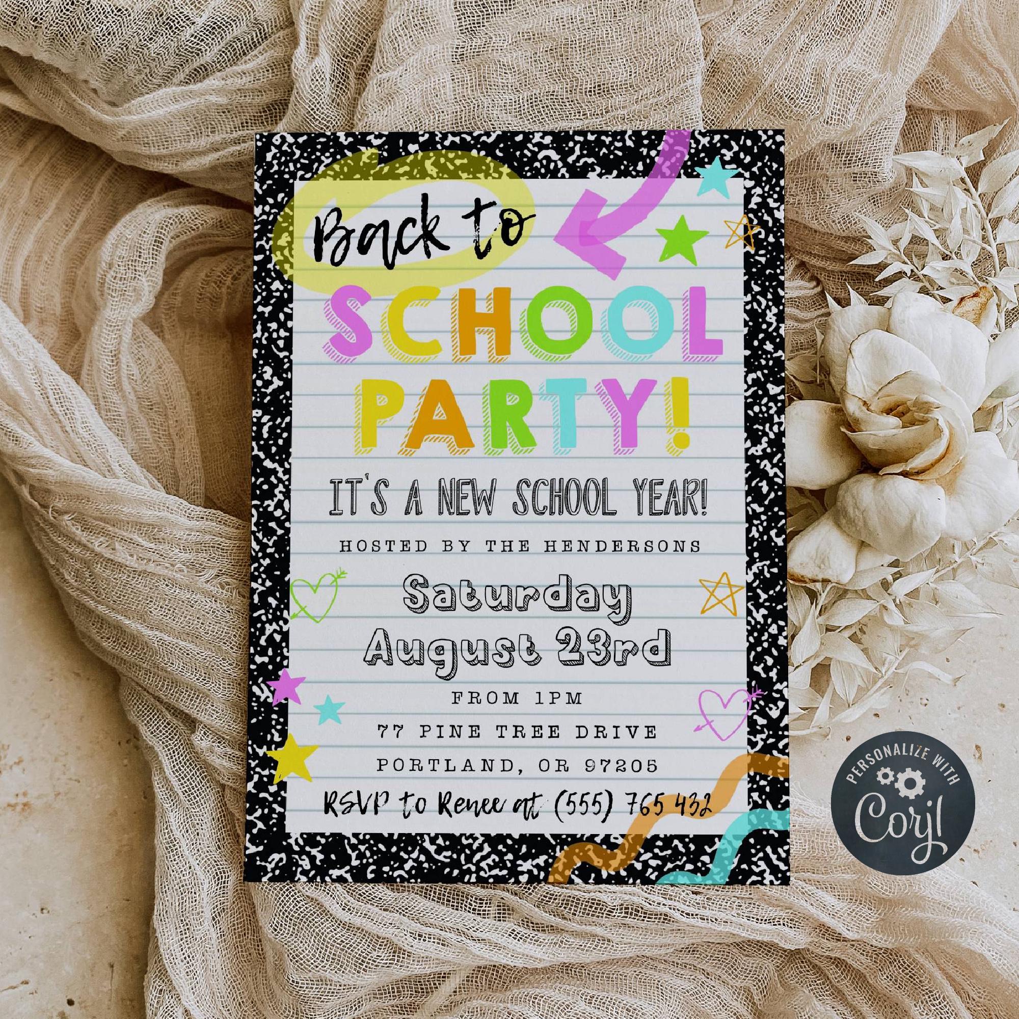 Back to School Party Invitation Template, Printable New School Year ...