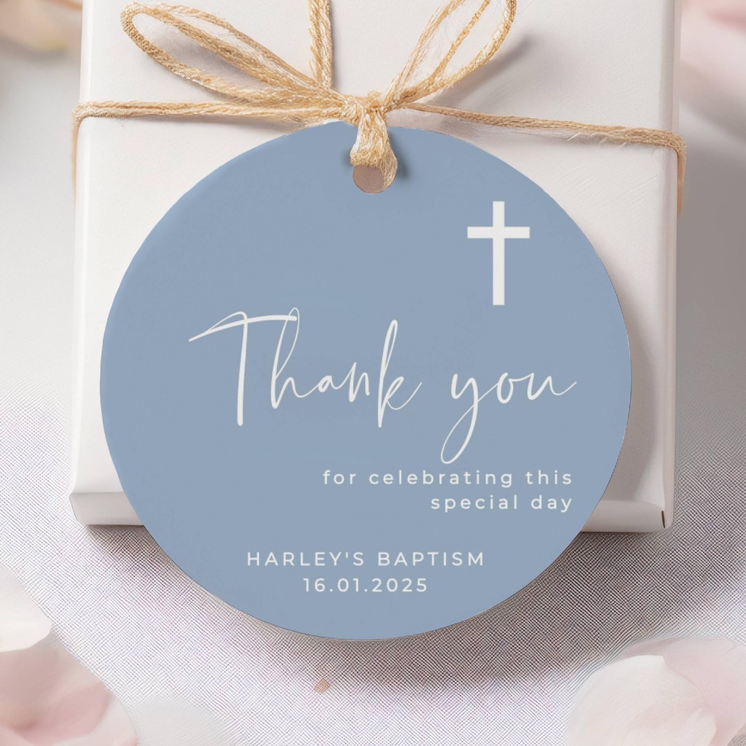 Round Dusty Blue Baptism Favor Tag Template, Printable Christening Gift ...