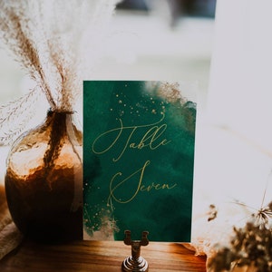 Emerald Watercolor Table Number Template, Printable Hunter Green & Gold ...