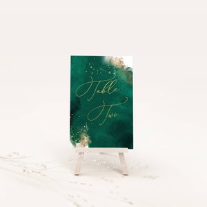 Emerald Watercolor Table Number Template, Printable Hunter Green & Gold ...