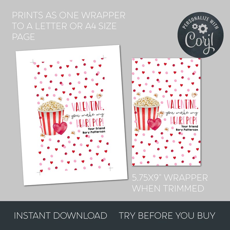 Valentine's Day Popcorn Wrapper Template, Printable You Make My Heart ...