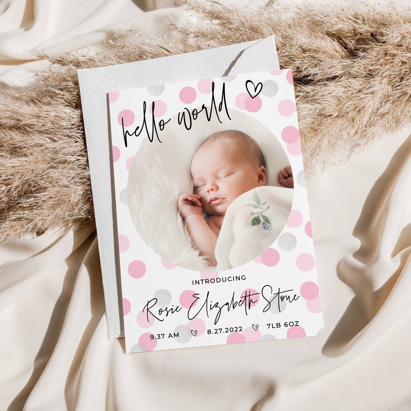 Modern Spots Birth Announcement Template, Printable Pink Polka Dot ...