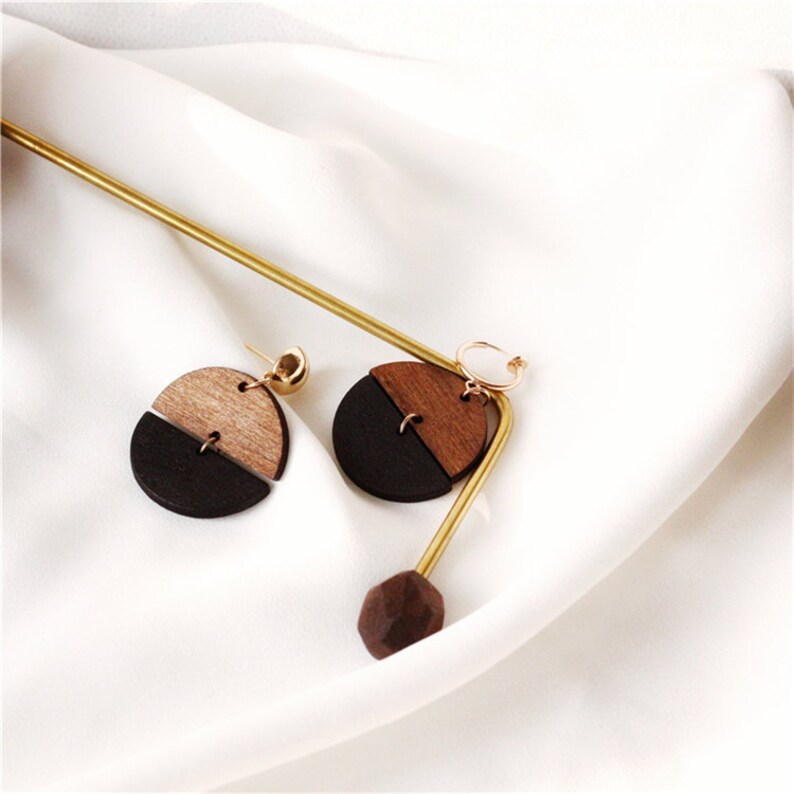 Half and Half Earrings Pierced and Non-pierced Clip-on Wooden Earrings ...