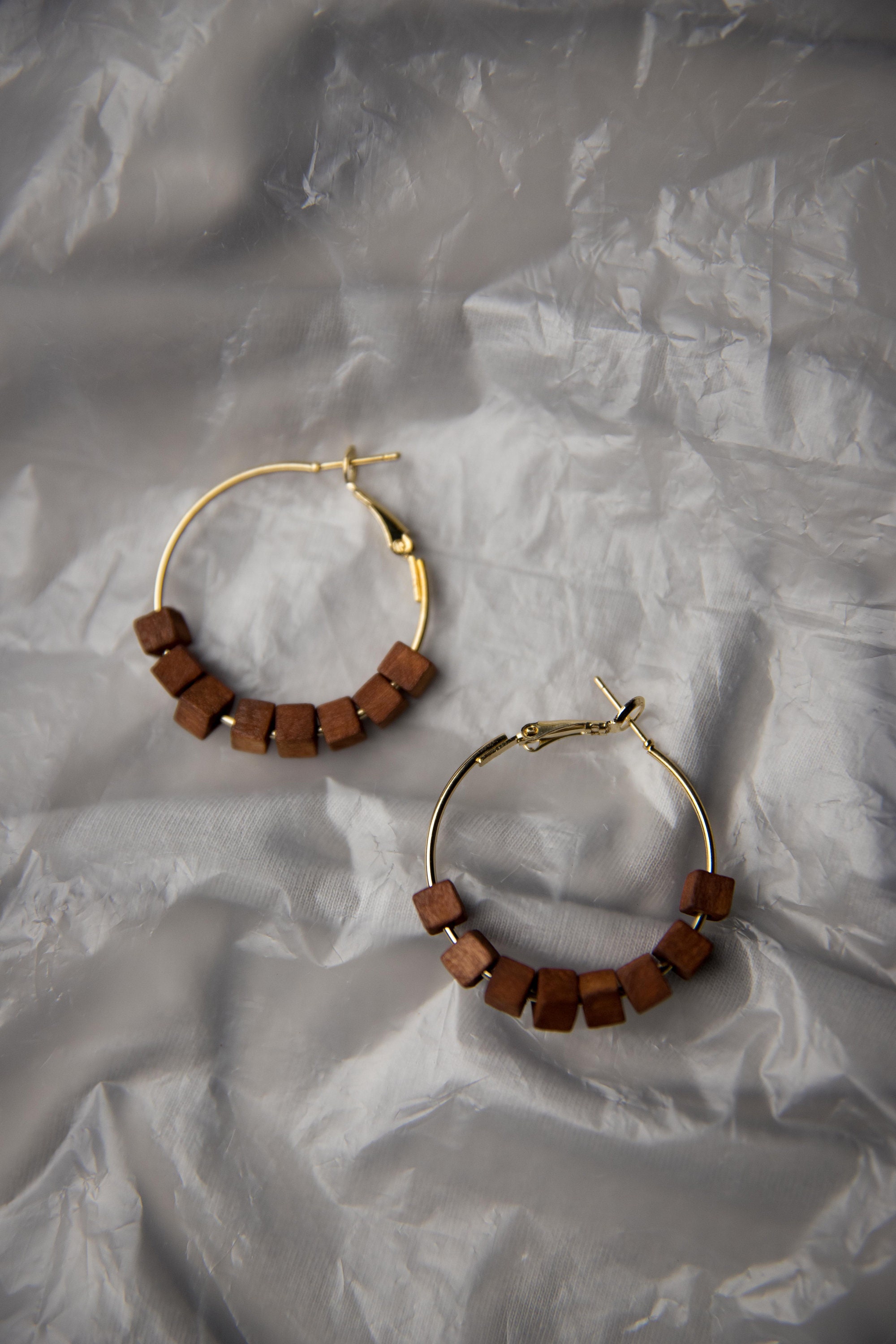 Beaded Wood Hoops Wood Cube Hoops Hoop Earrings Pierced and - Etsy