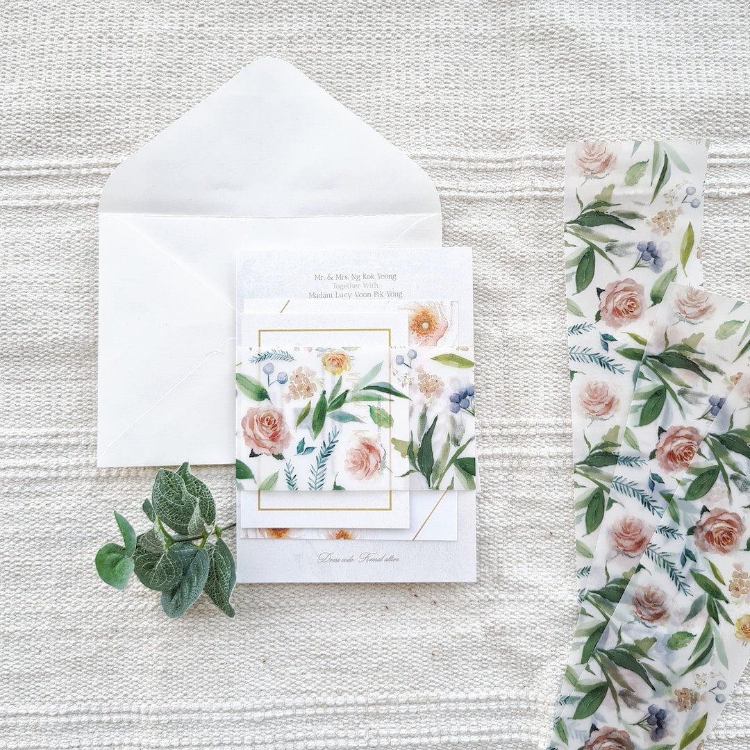 Floral Vellum Wedding Invitation Belly Band: 5x7 Clear Wrap - Etsy