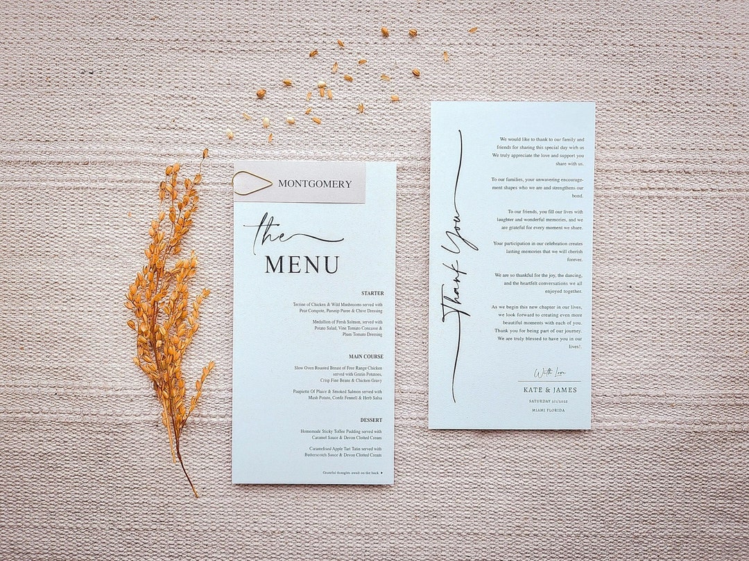 Thank You Card With Menu & Place Card, Printed Menu Card, Modern Place ...