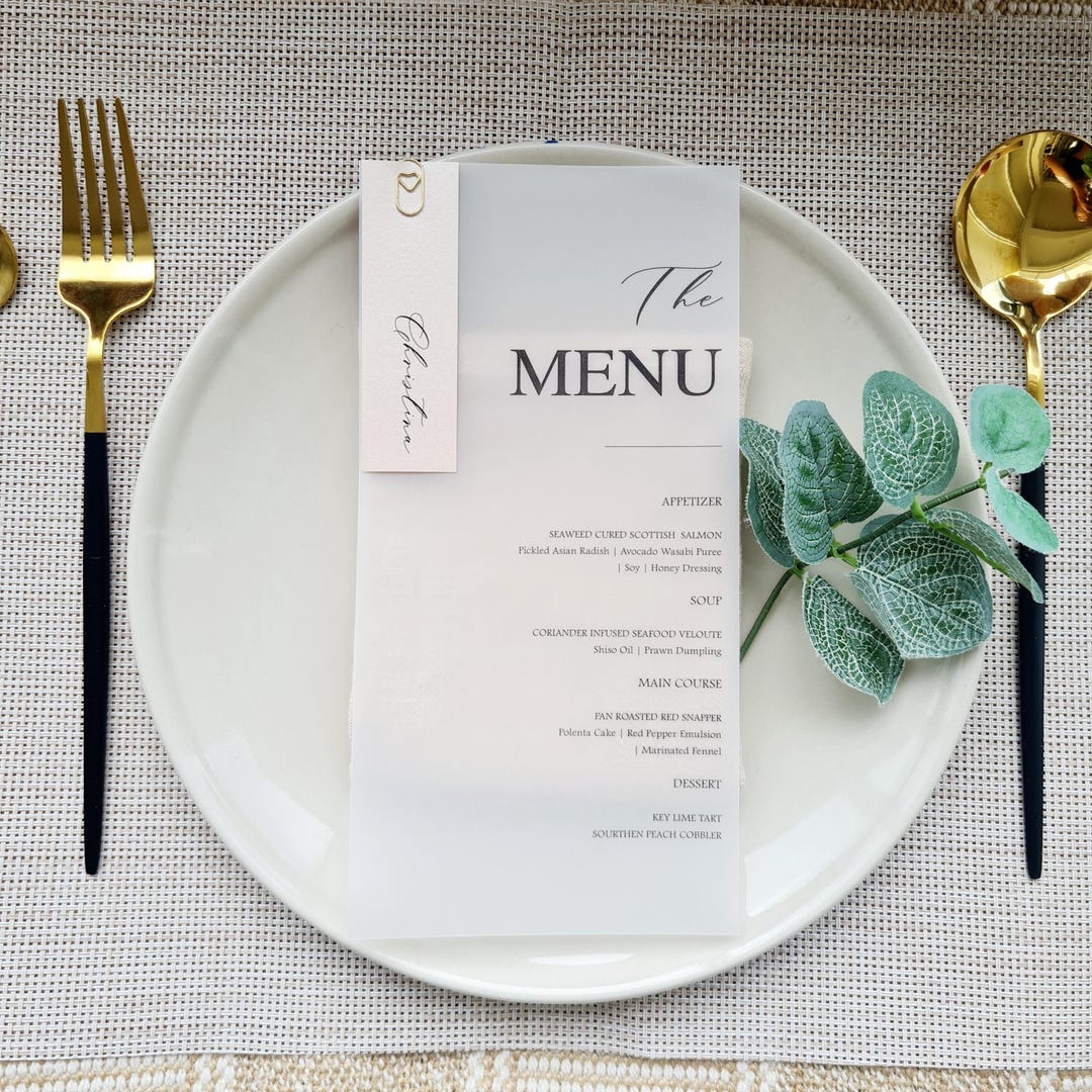 Wedding Menu and Place Card Set – Minimalist Vellum Menu + Name Tag ...