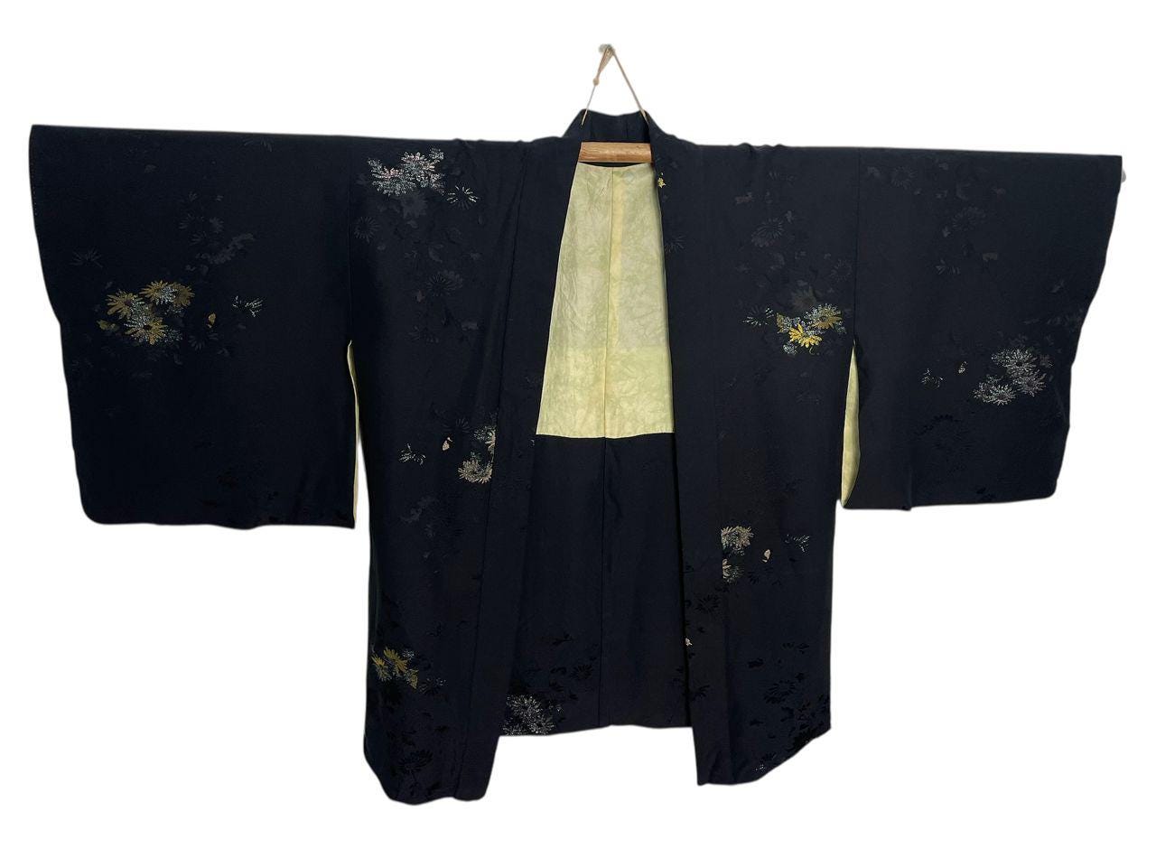 Vintage Japanese Haori Kimono Jacket – Black Silk Brocade With Floral ...