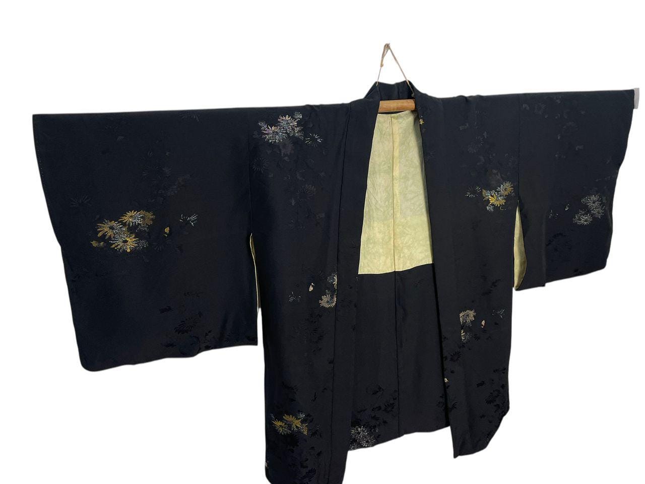 Vintage Japanese Haori Kimono Jacket – Black Silk Brocade With Floral ...